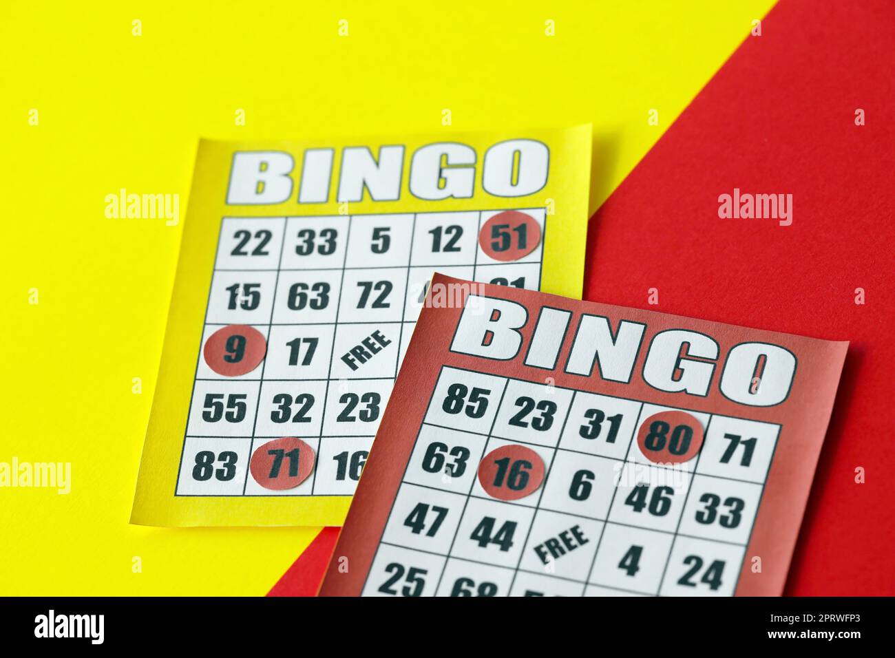 Yellow and red bingo boards or playing cards for winning chips. Classic ...
