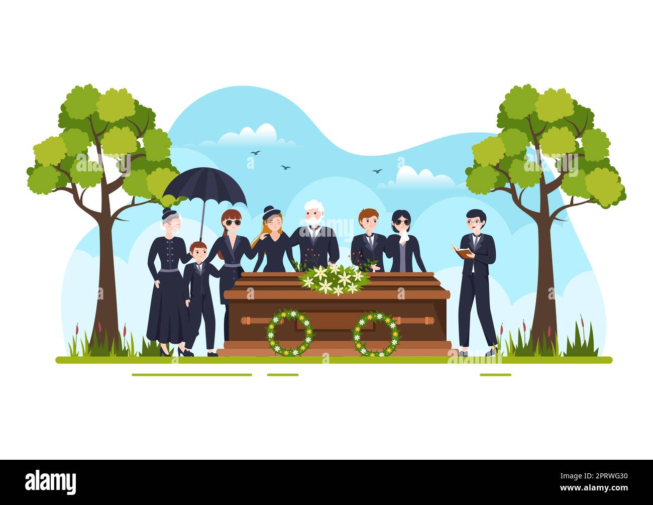 Funeral Ceremony in Grave of Sad People in Black Clothes Standing and ...