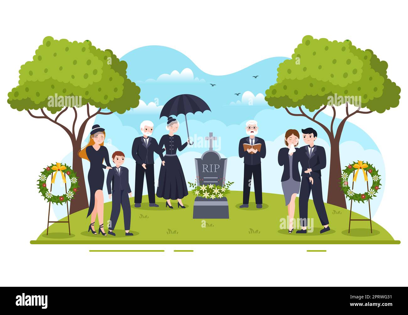 Funeral Ceremony in Grave of Sad People in Black Clothes Standing and ...