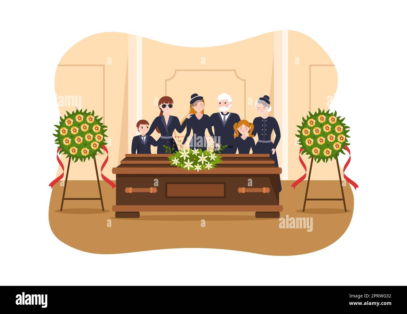 Funeral Ceremony in Grave of Sad People in Black Clothes Standing and ...