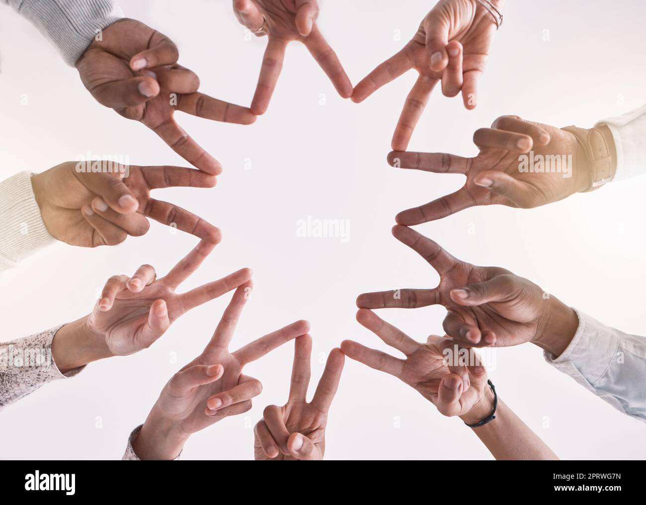Peace sign, support and unity with business people in teamwork ...