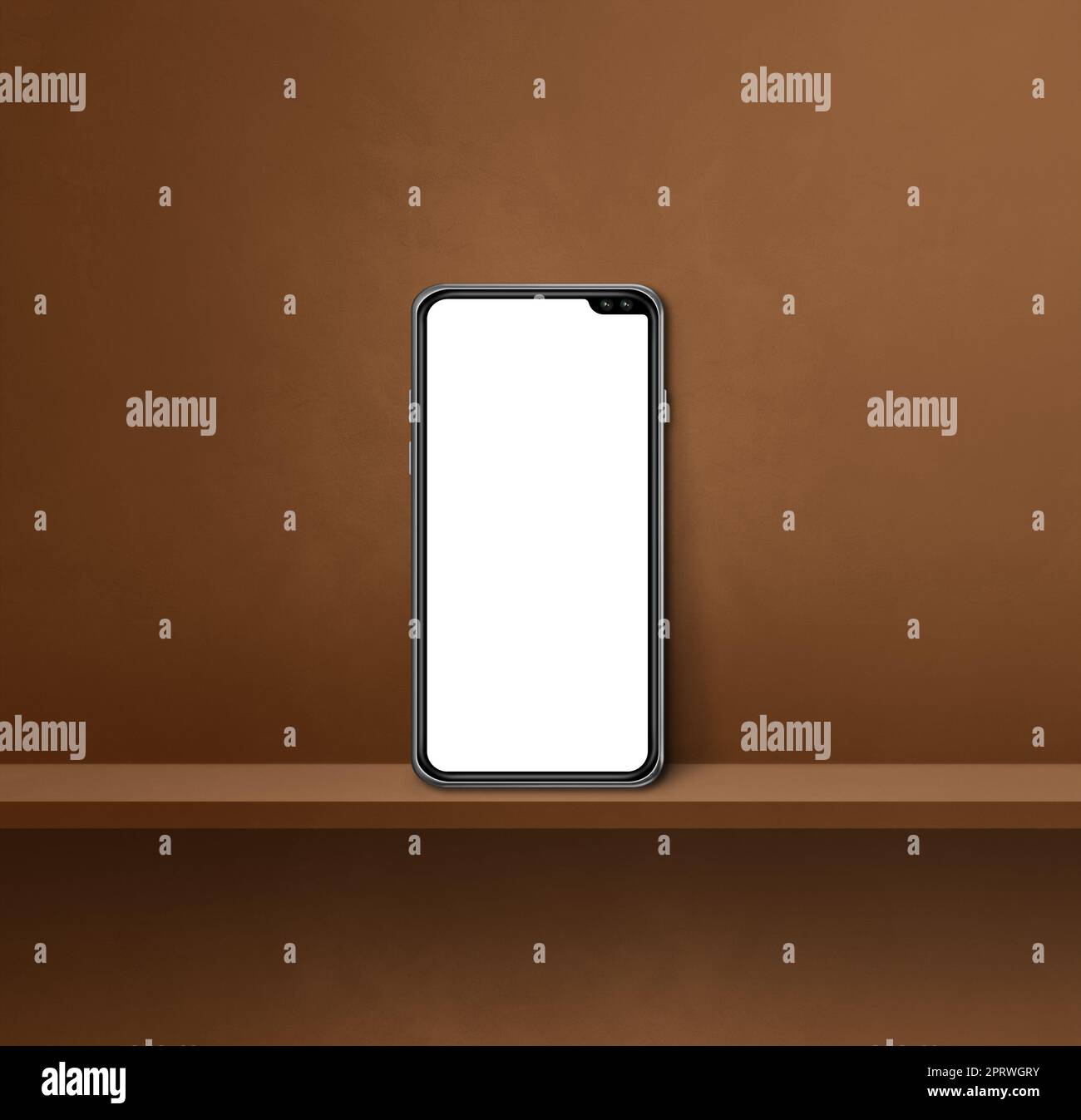 Mobile phone on brown wall shelf. Square background. 3D Illustration ...