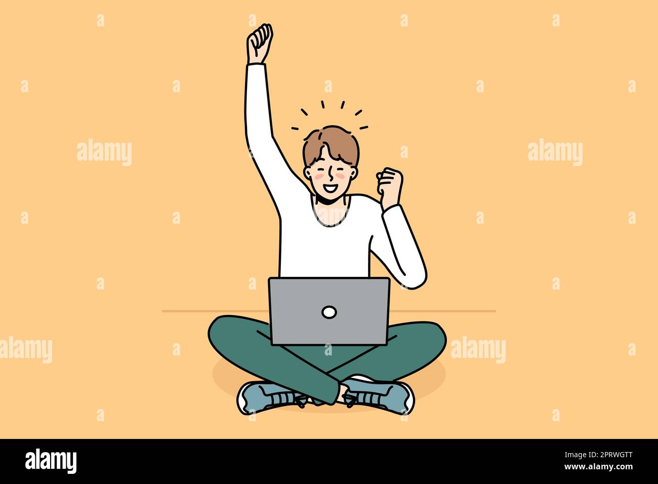 Excited young man use laptop triumph with good news or message online ...