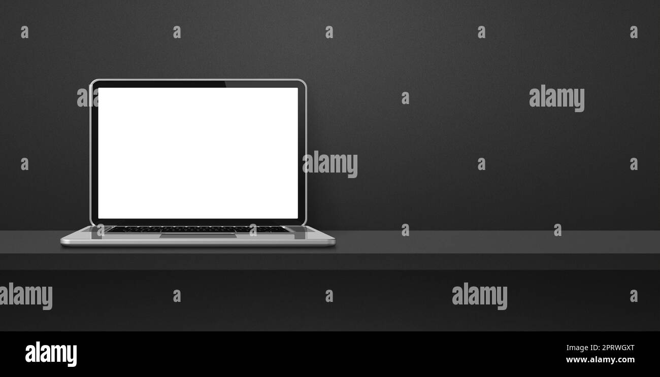 Laptop computer on black shelf background banner. 3D Illustration Stock ...