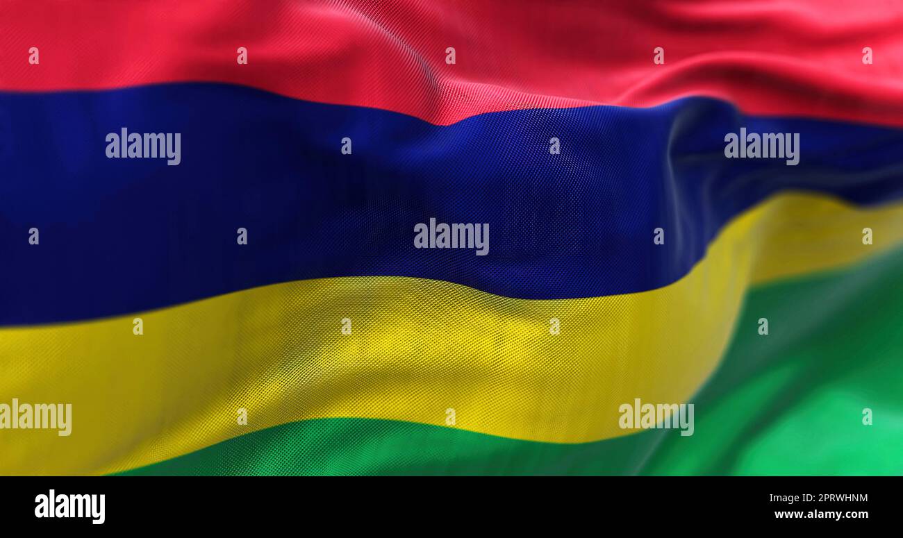 Close-up view of the Mauritius national flag waving in the wind. The ...