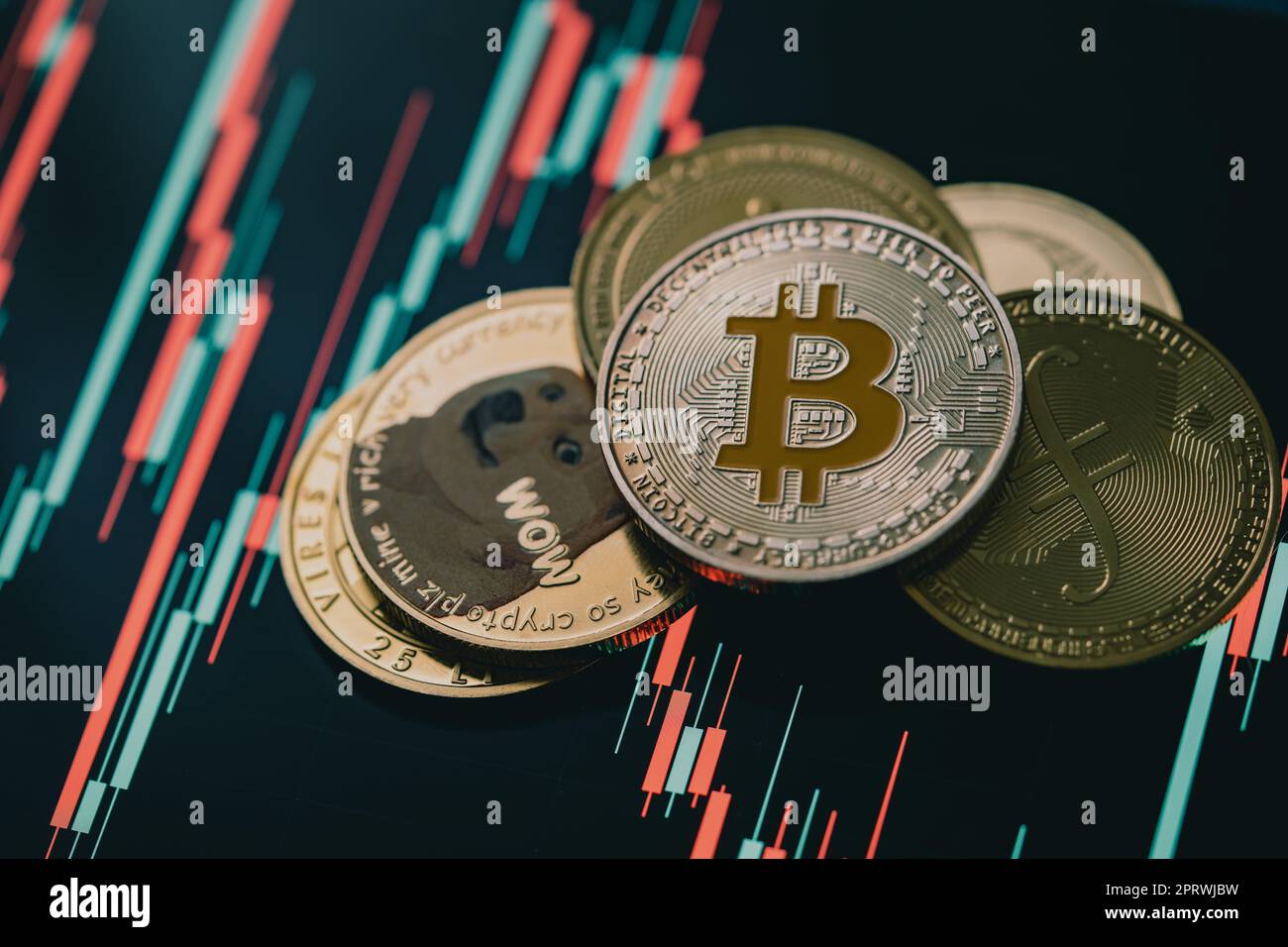 Various Cryptocurrencies with candle stick graph chart and digital ...