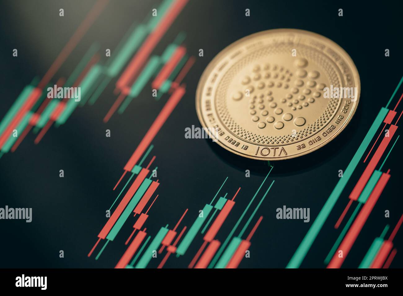 Gold IOTA with candle stick graph chart and digital background Stock ...