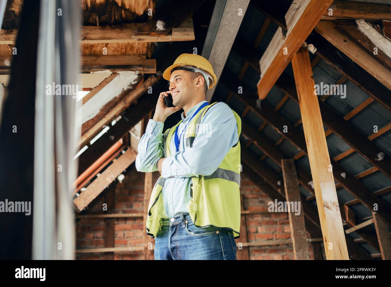 Architecture, construction and phone call with male architect planning ...