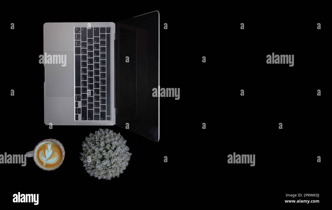 computer laptop digital technology top view on black background Stock ...