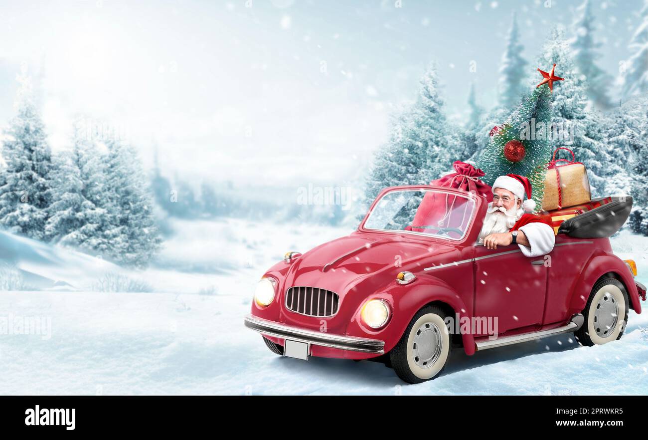 Santa Claus in Red car delivering christmas tree and gifts at snowy ...