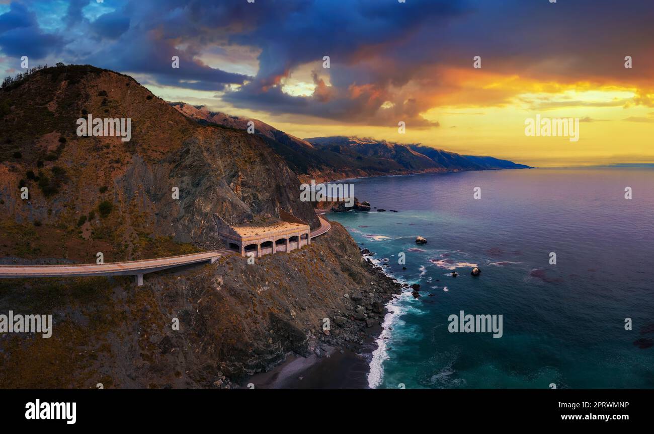 Sunset over Pitkins Curve Bridge and Rain Rocks Rock Shed in California ...