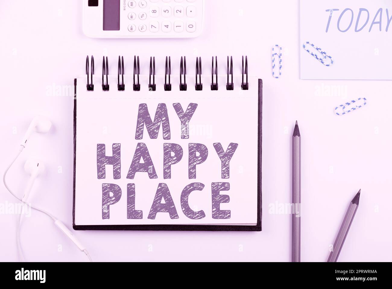 Text caption presenting My Happy Place, Word Written on Space where you ...