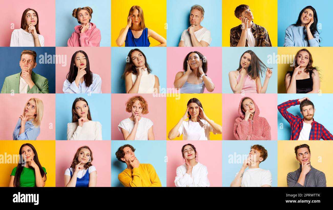 Collage made of portraits of different young people, men and women ...