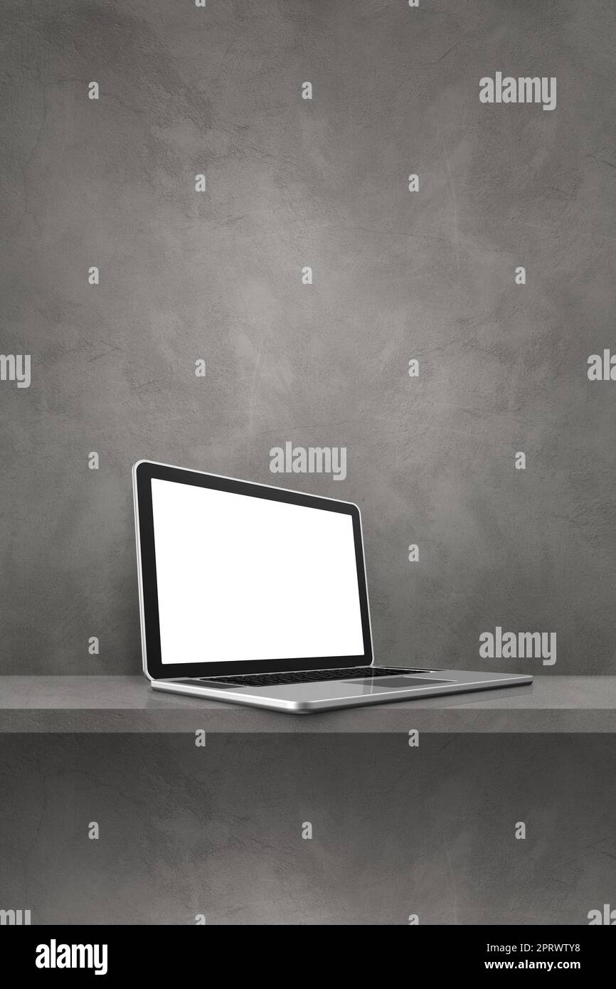 Laptop computer on grey shelf. Vertical background Stock Photo - Alamy