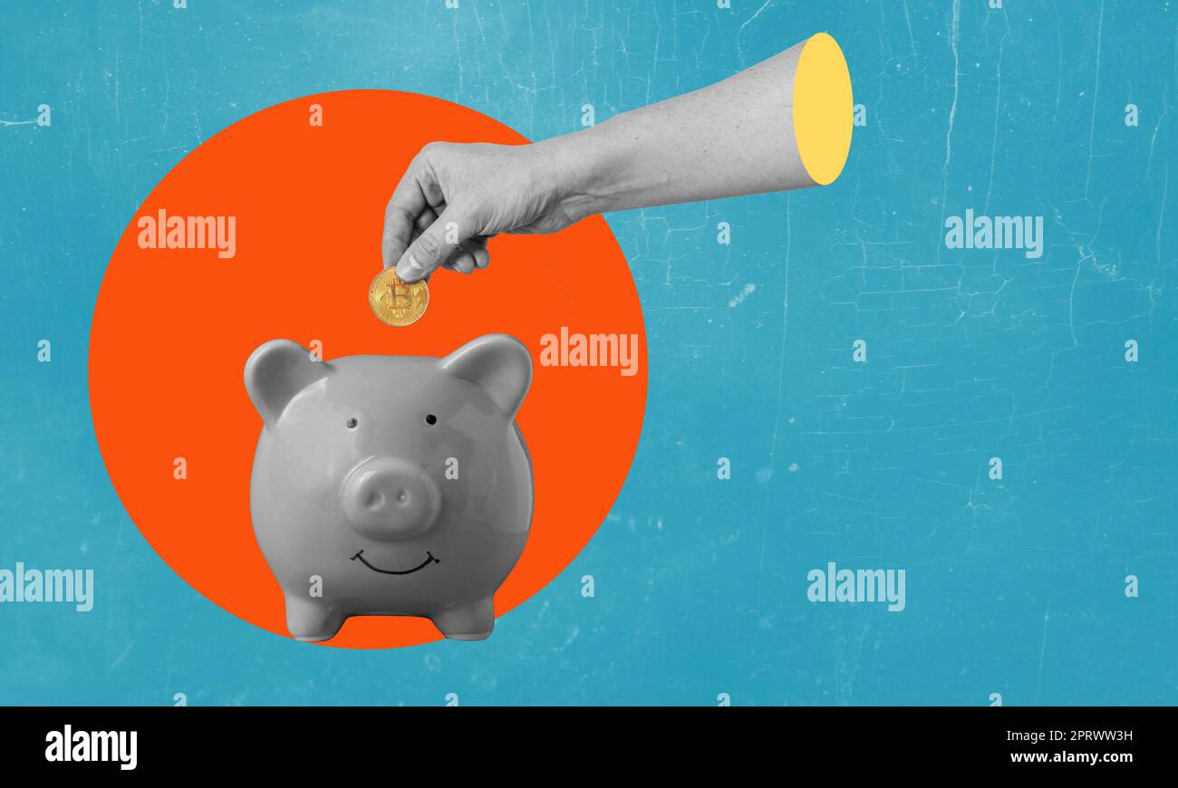 Art collage, the hand puts cryptocurrency in a piggy bank on blue ...