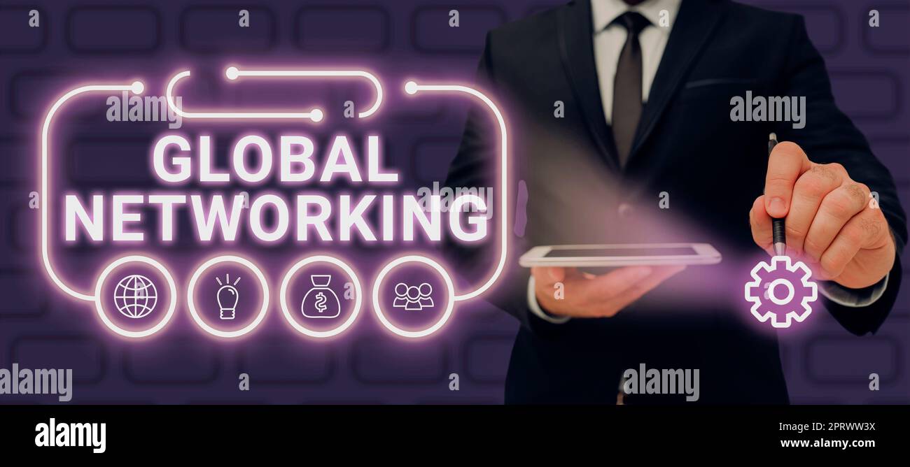 Hand writing sign Global NetworkingCommunication network which spans ...