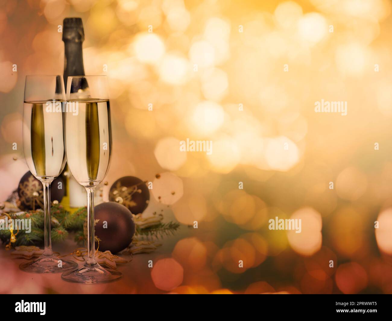 Champagne glasses and christmas decoration Stock Photo - Alamy