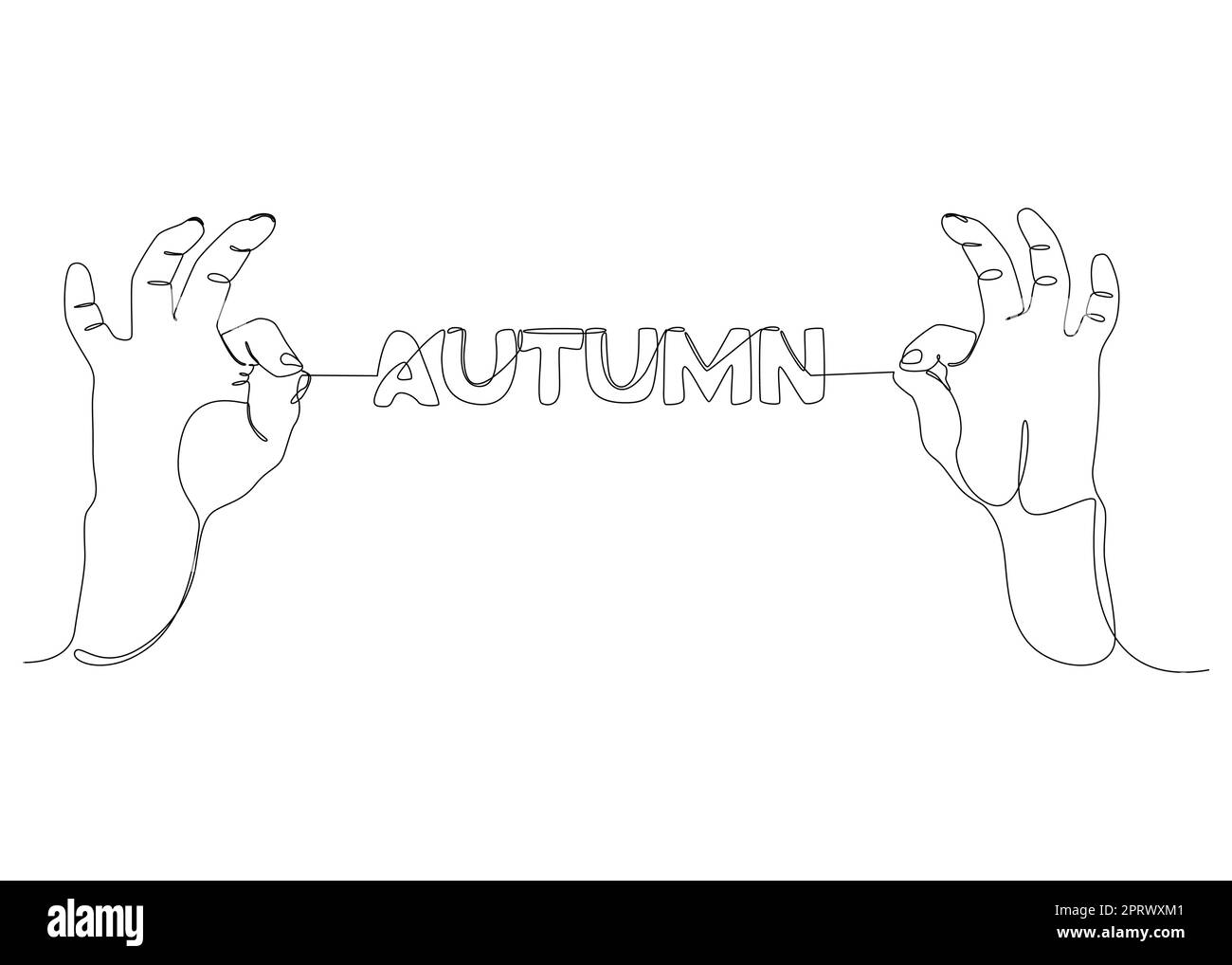 One continuous line of two hand holding a string with Autumn word Stock ...
