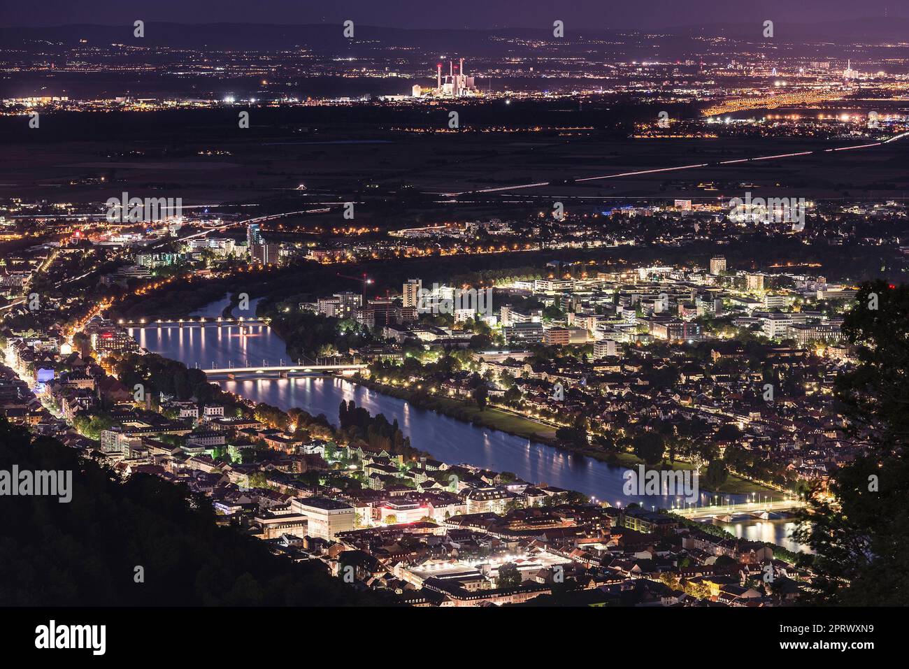 Aerial view - Heidelberg and Mannheim by night Stock Photo - Alamy