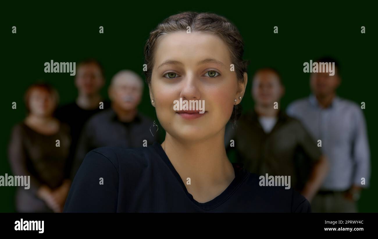 young woman success businesswoman in front of a team office colleagues ...