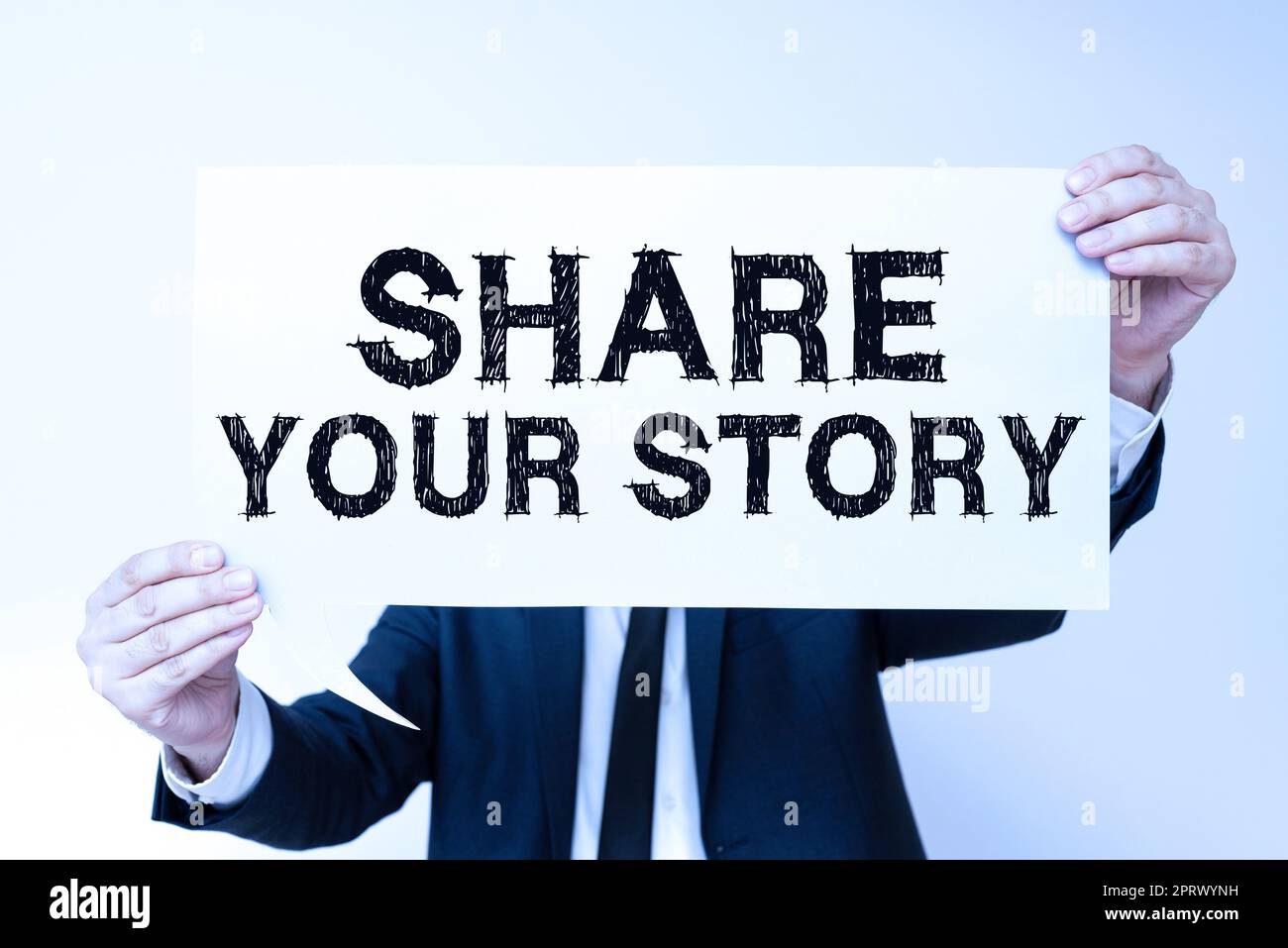 Hand writing sign Share Your Storyasking someone to about himself write ...