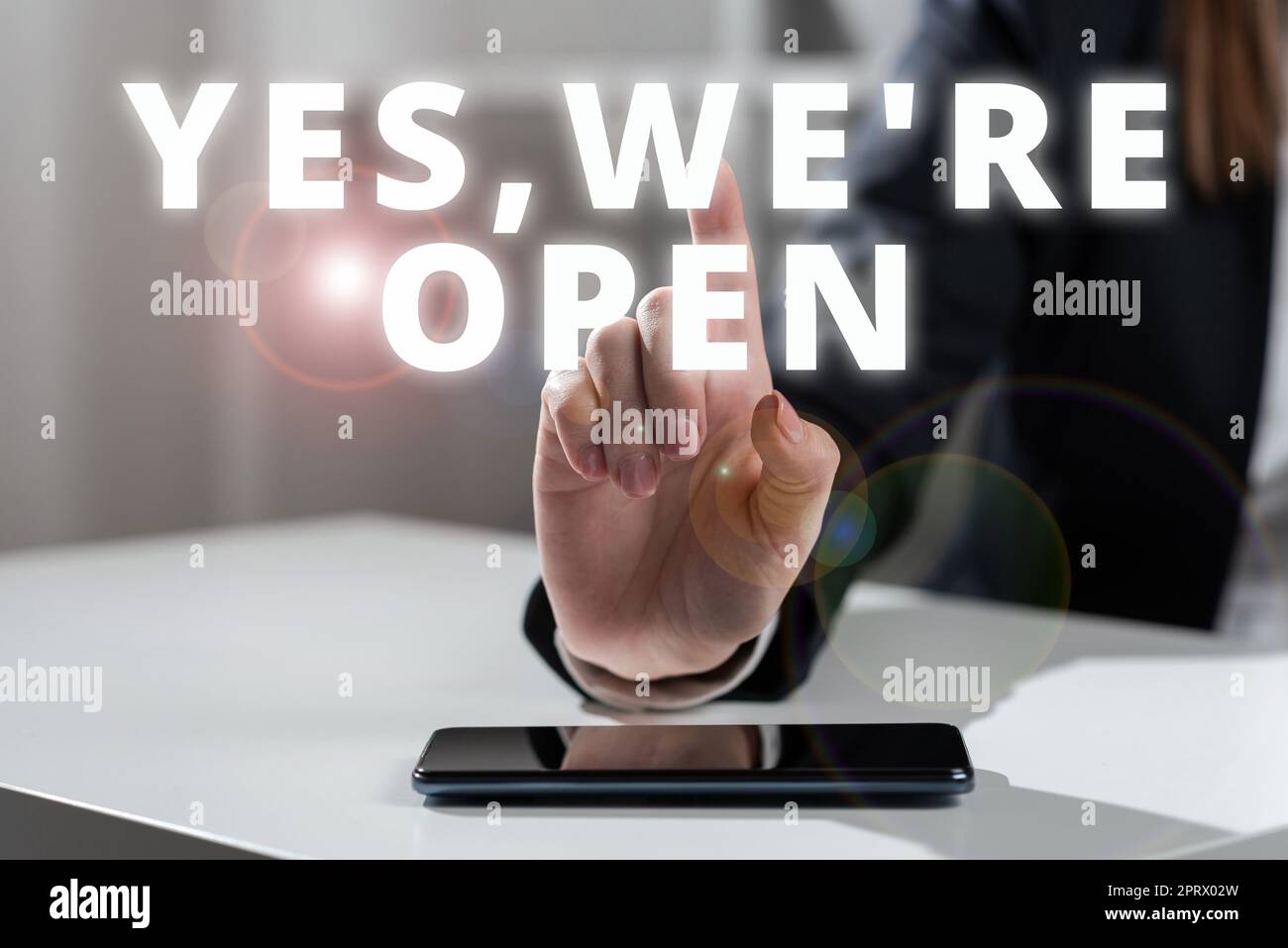 Hand writing sign Yes, We re are Openanswering on client that shop is ...