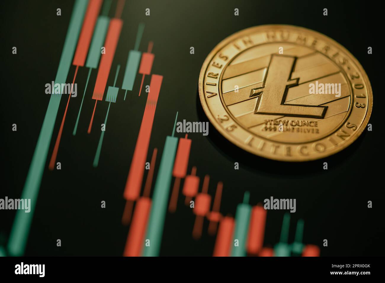 Gold Litecoin with candle stick graph chart and digital background ...