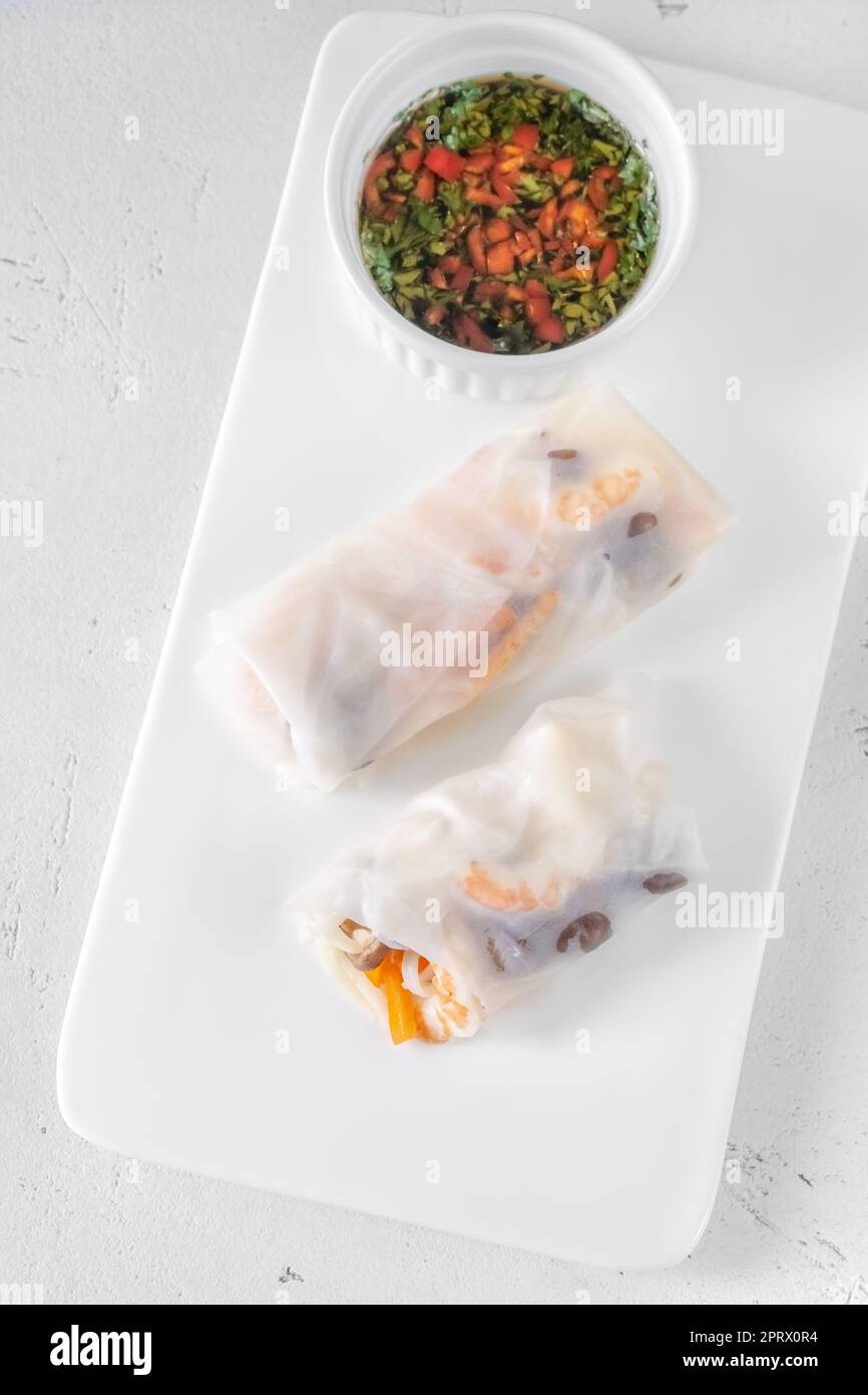 Prawn shiitake rice paper rolls Stock Photo - Alamy