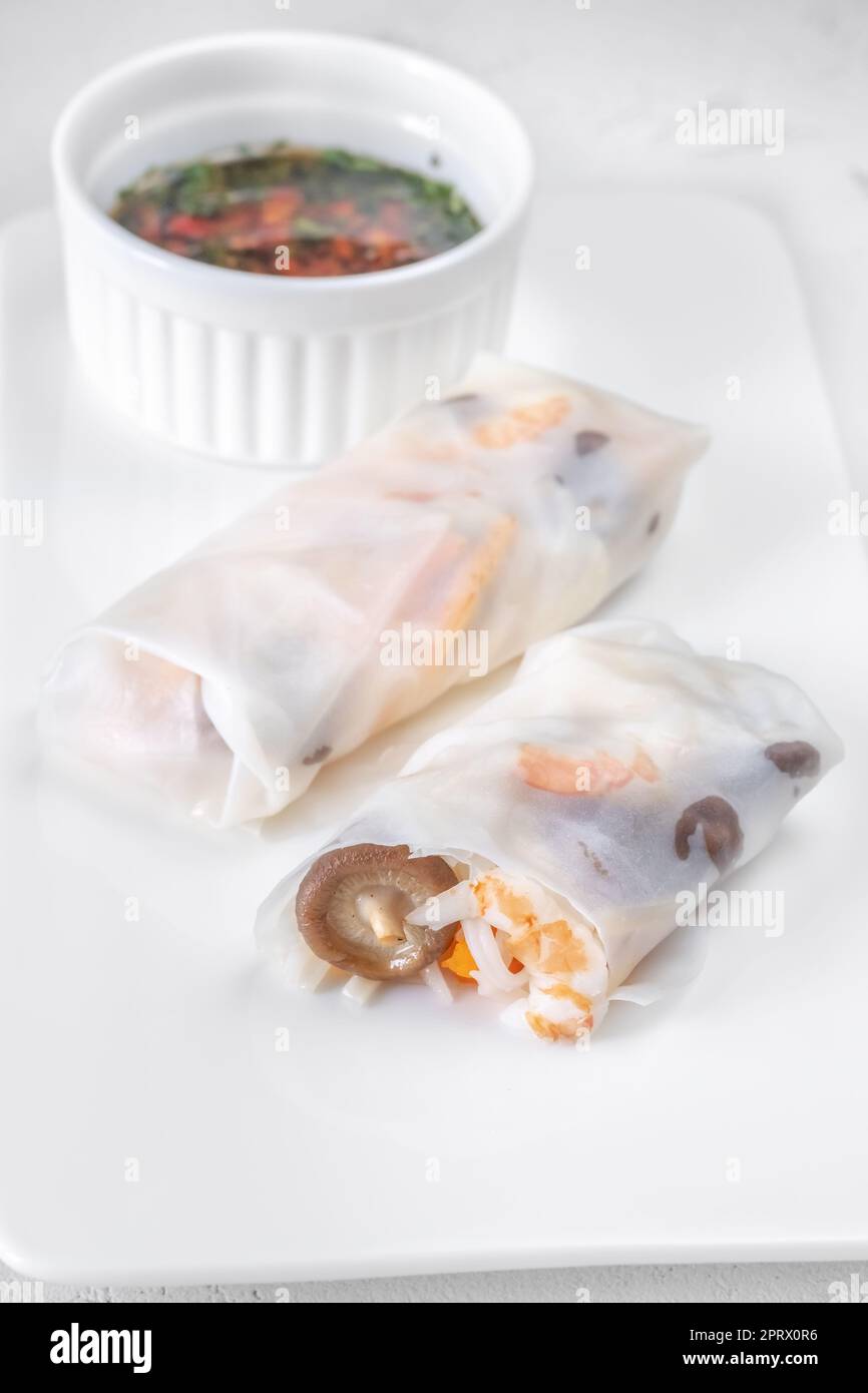 Prawn shiitake rice paper rolls Stock Photo - Alamy