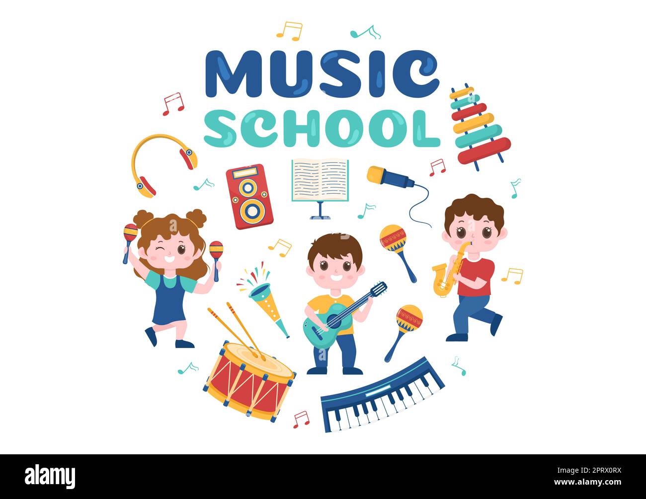 Music School Template In Hand Drawn Cartoon Flat Illustration Playing ...