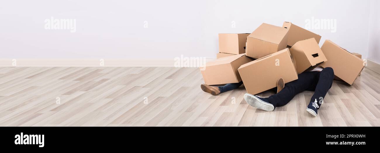 Funny Accident While Moving Boxes. Falling Cardboard Box Stock Photo ...