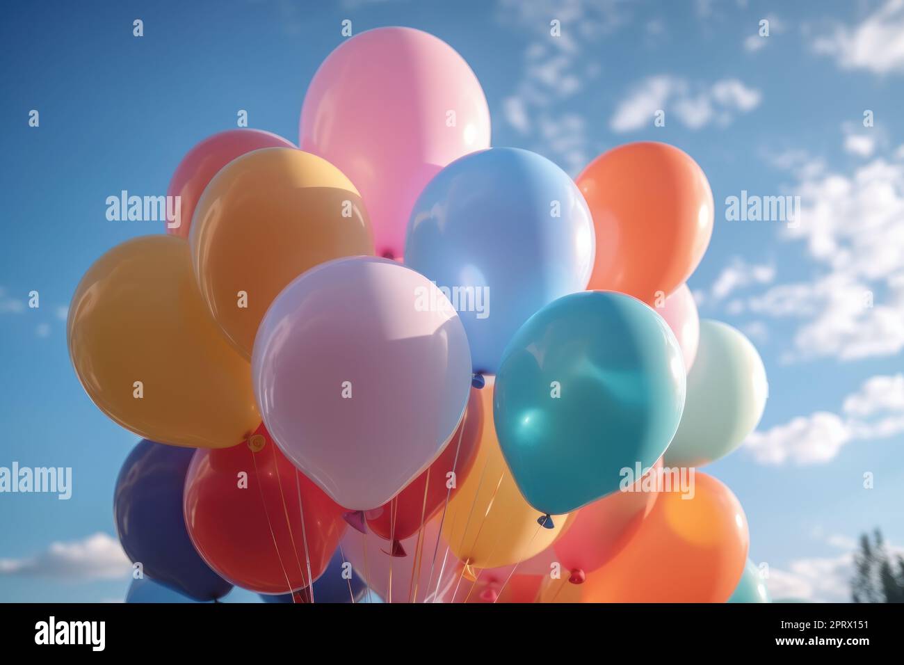 Multi-colored balloons in the sky with clouds. Summer party celebration ...
