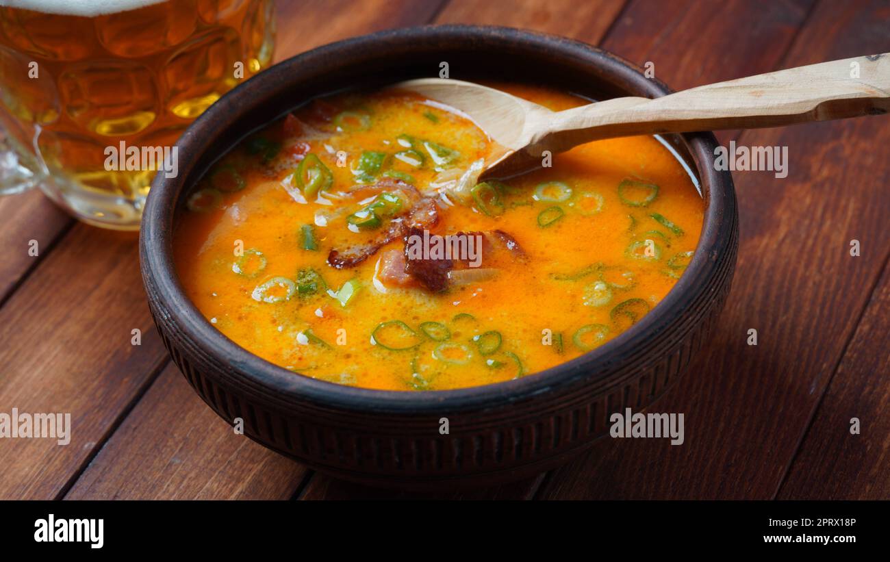 German Beer Cheese soup with the cheddar and fried bacon. Oktoberfest ...