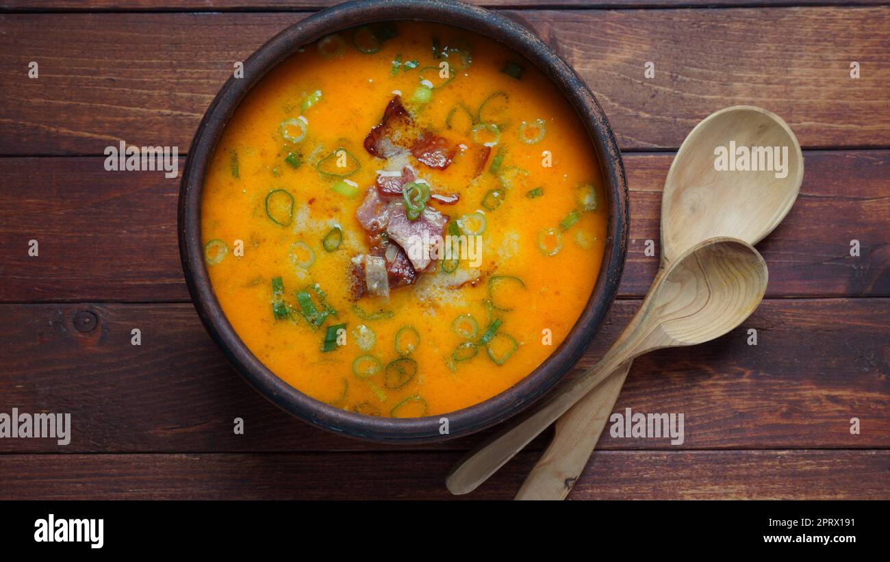 German Beer Cheese soup with the cheddar and fried bacon. Oktoberfest ...