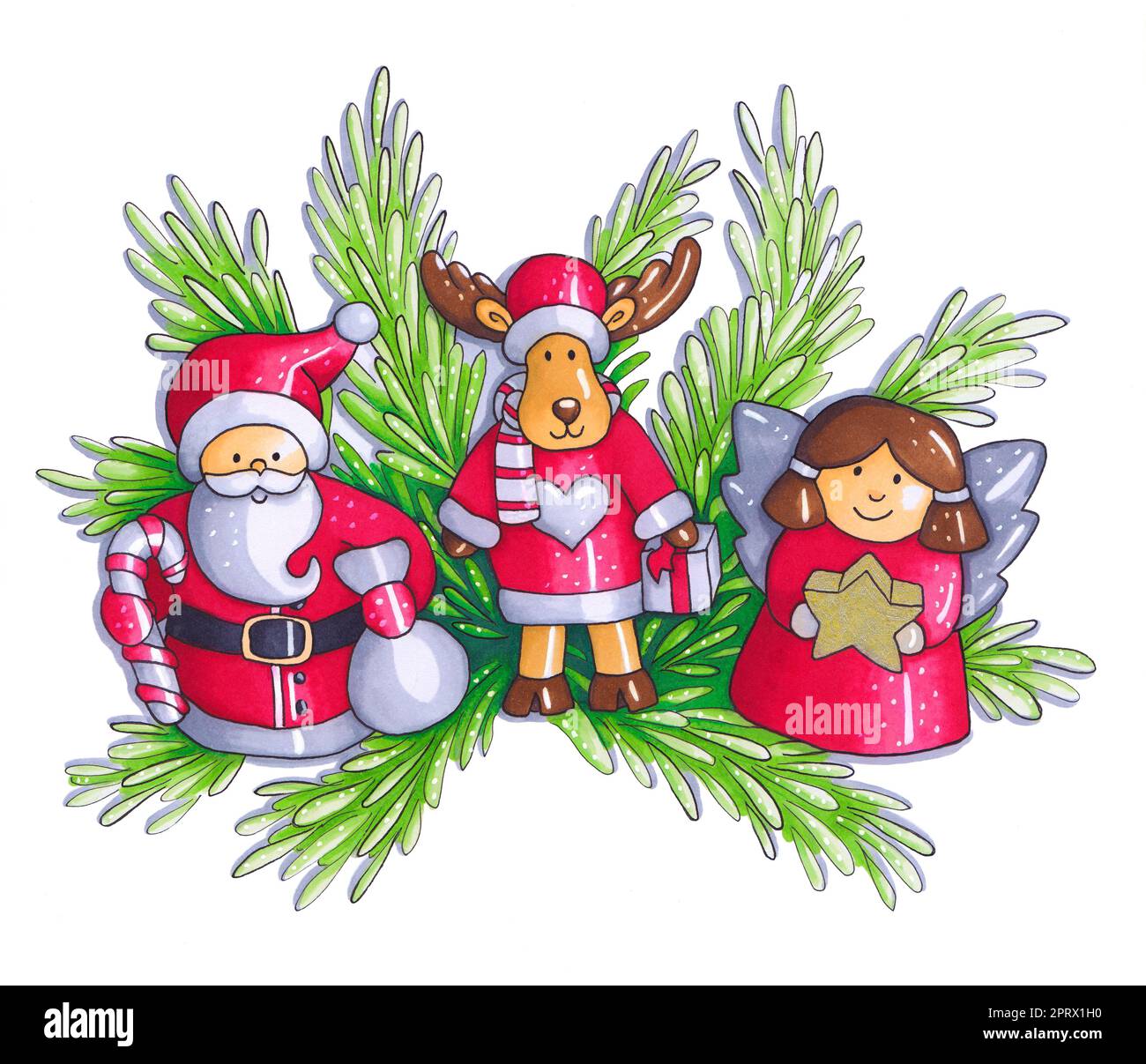 Christmas themed scene with Santa Claus, reindeer, angel on pine tree ...