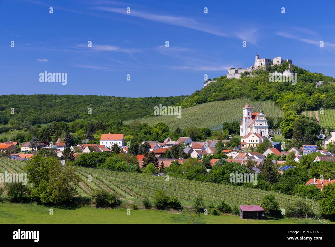 Falkenstein ruins and town with vineyard, Lower Austria, Austria Stock ...