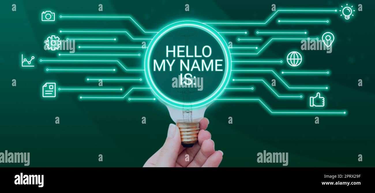 Text caption presenting Hello My Name Isintroducing yourself to new people workers as ...