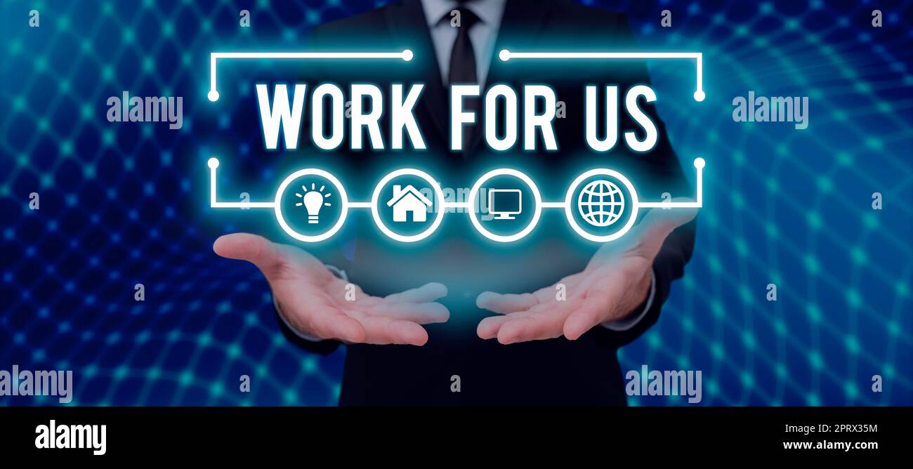 Hand writing sign Work For Us. Word Written on Invitation to join a ...