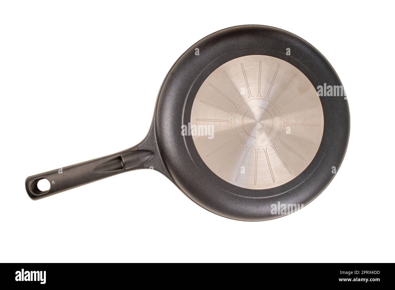 One metal frying pan, macro, isolated on white background, top view ...