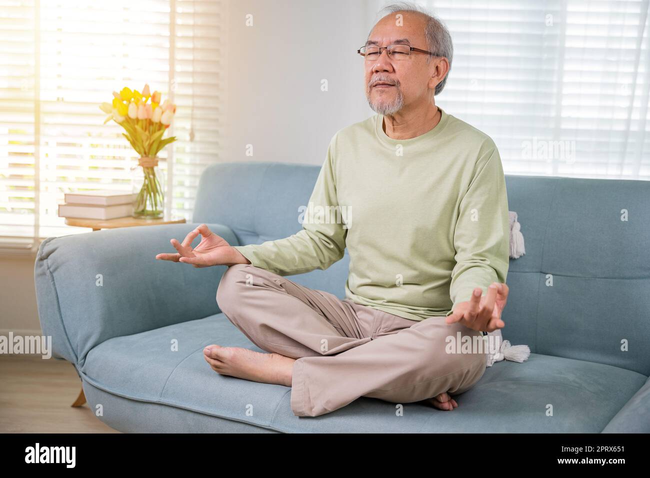 Lifestyle senior man sitting on sofa in living room holding hands in ...