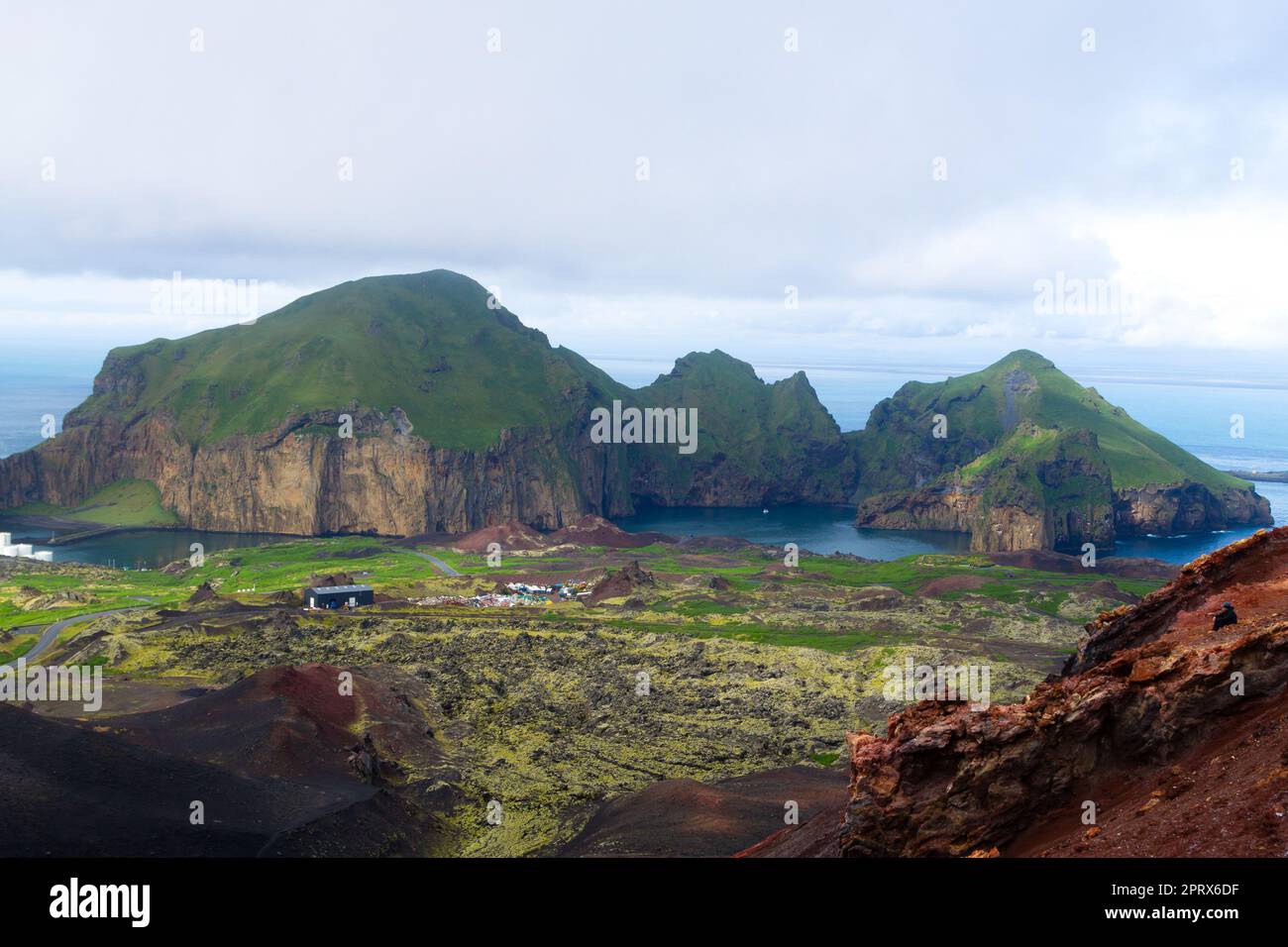 Heimaey town aerial view from Eldfell volcano. Iceland landscape ...