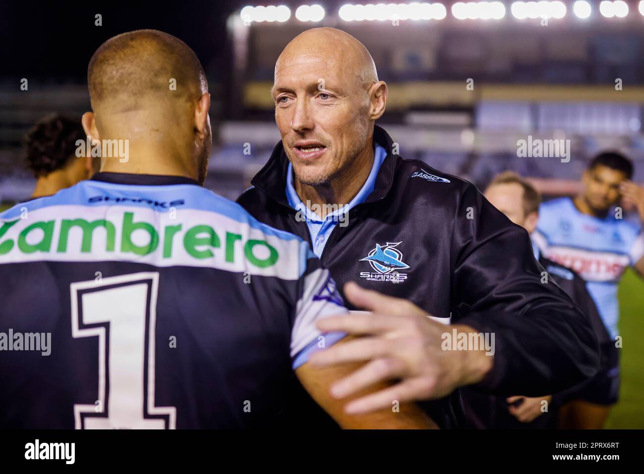 Sharks coach Craig Fitzgibbon congratulates his team after their win ...