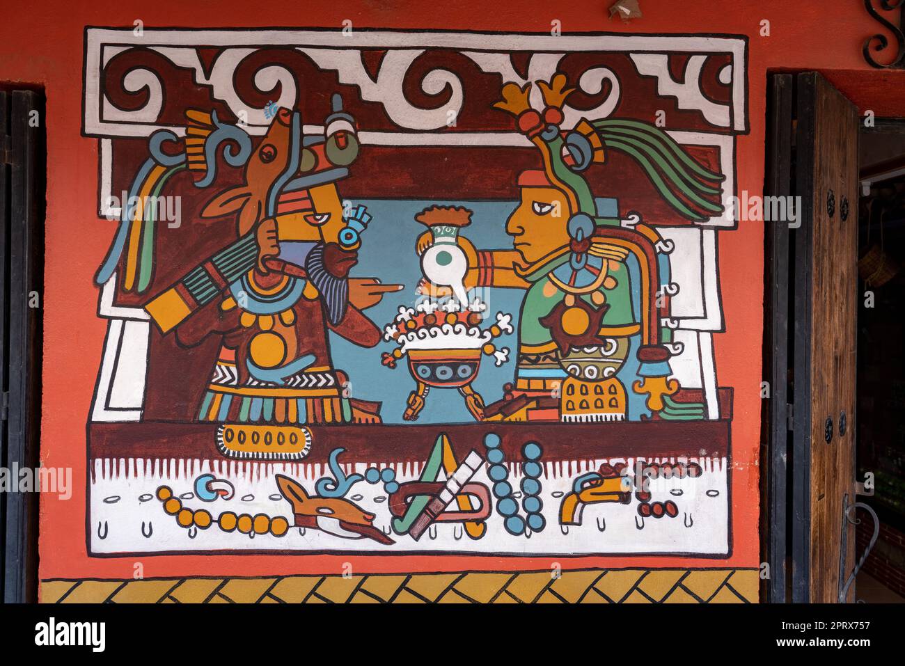 Painted mural showing pre-Hispanic Zapotec Amerindians preparing cocoa ...