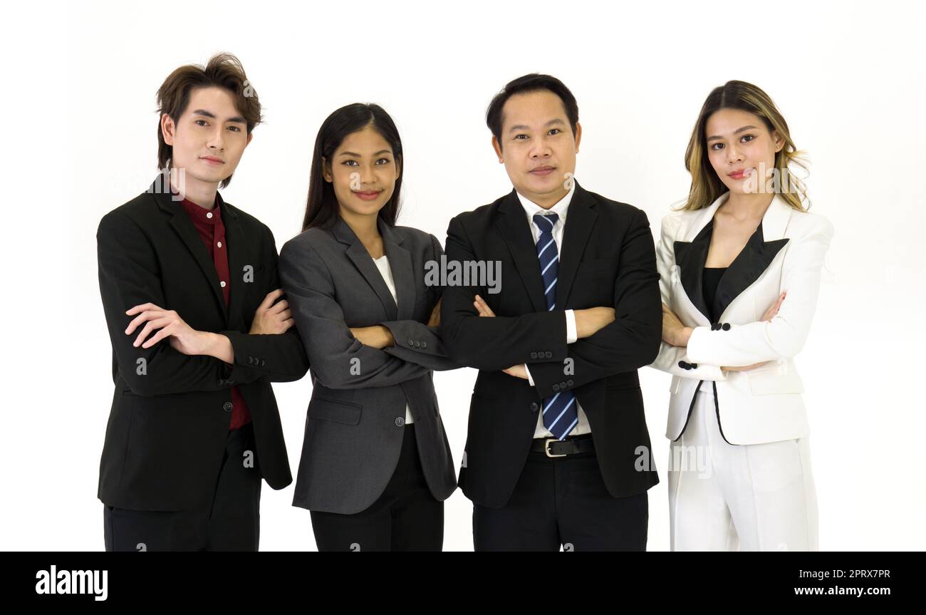 Team of successful business people in suit standing together with arms ...