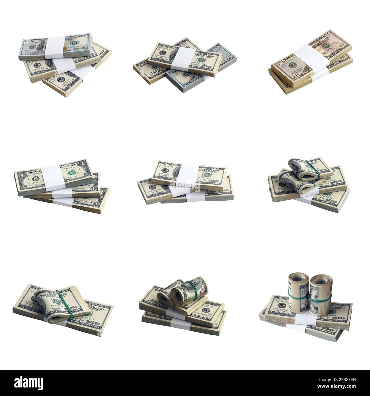 Big set of bundles of US dollar bills isolated on white. Collage with ...