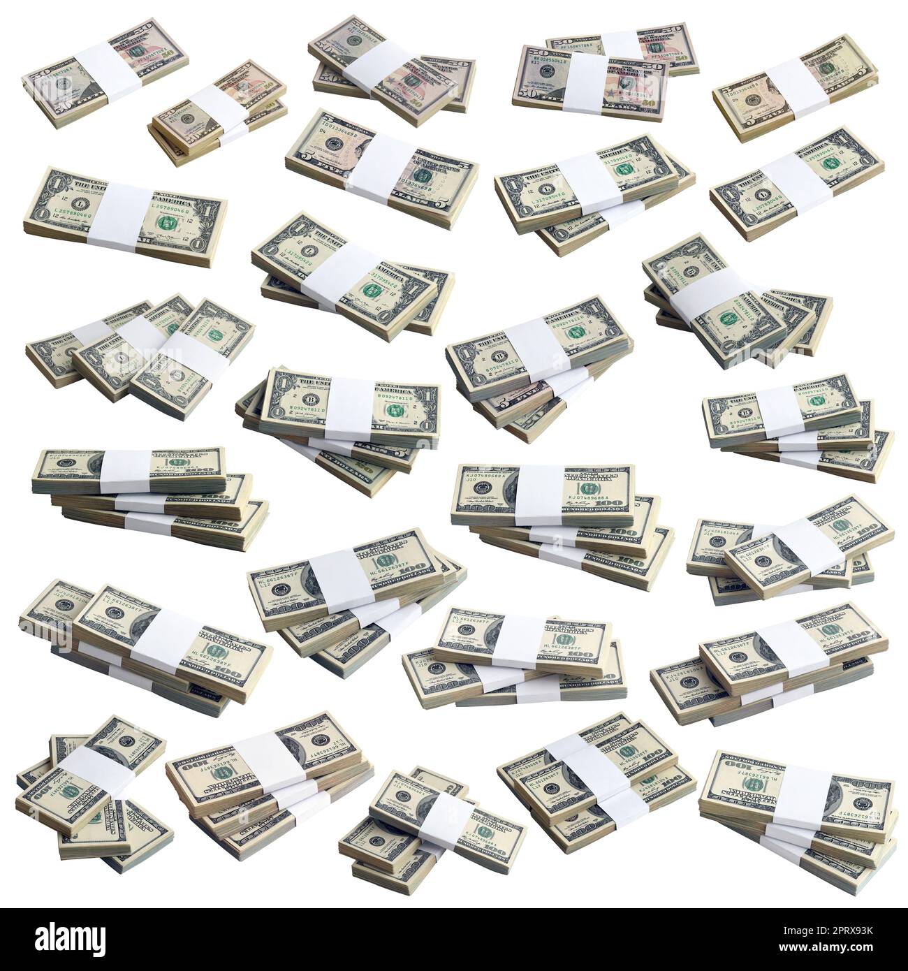 Big set of bundles of US dollar bills isolated on white. Collage with ...