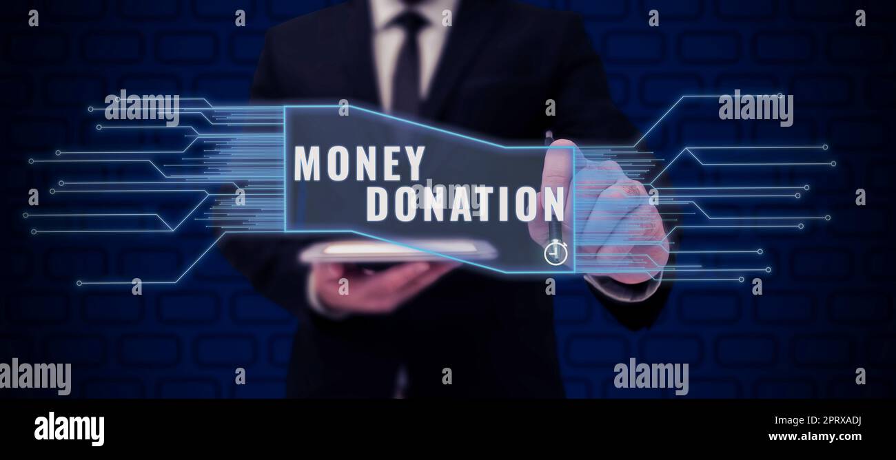 Conceptual caption Money Donation, Word Written on a charity aid in a ...