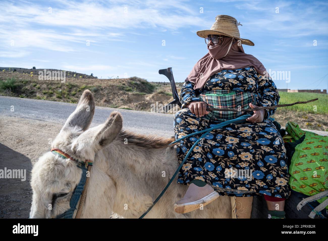 Woman with a straw hat and crutches riding a mule Stock Photo - Alamy