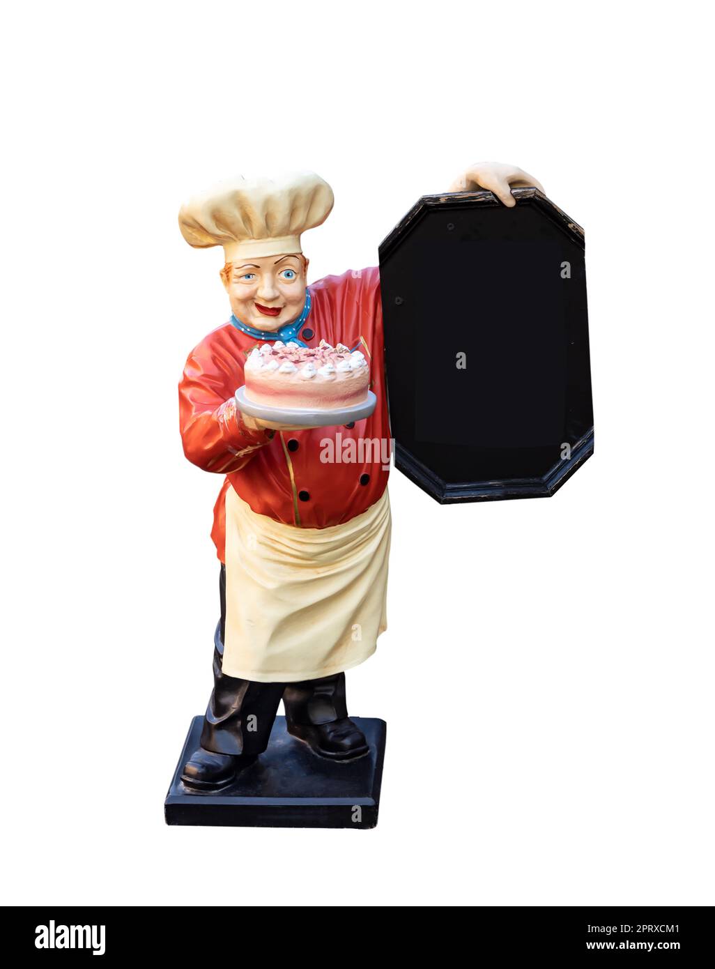 A cook figure with colorful cake holds a blank black board isolated on ...