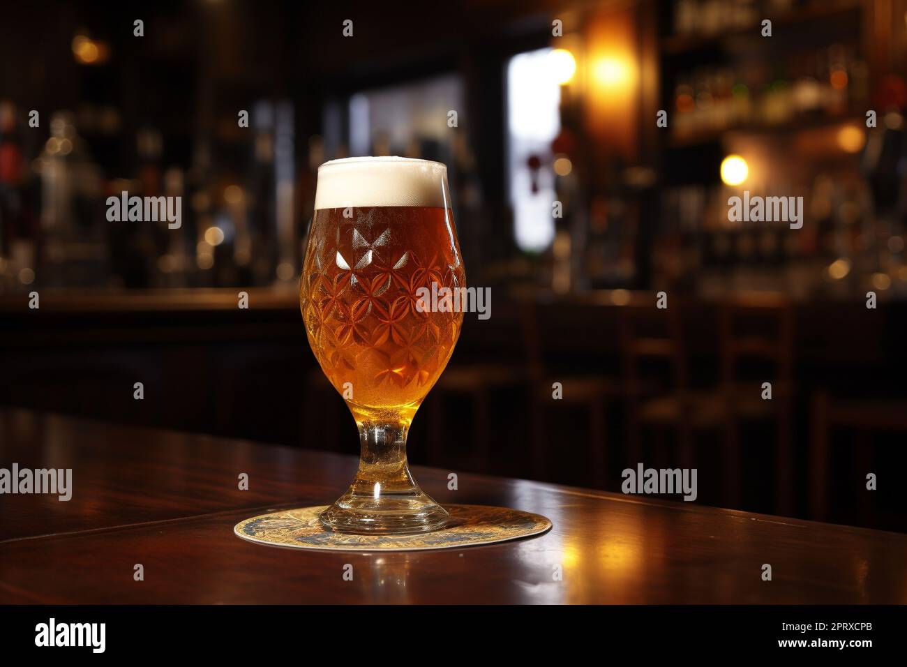 glass of beer on the bar in front of the bar Stock Photo - Alamy